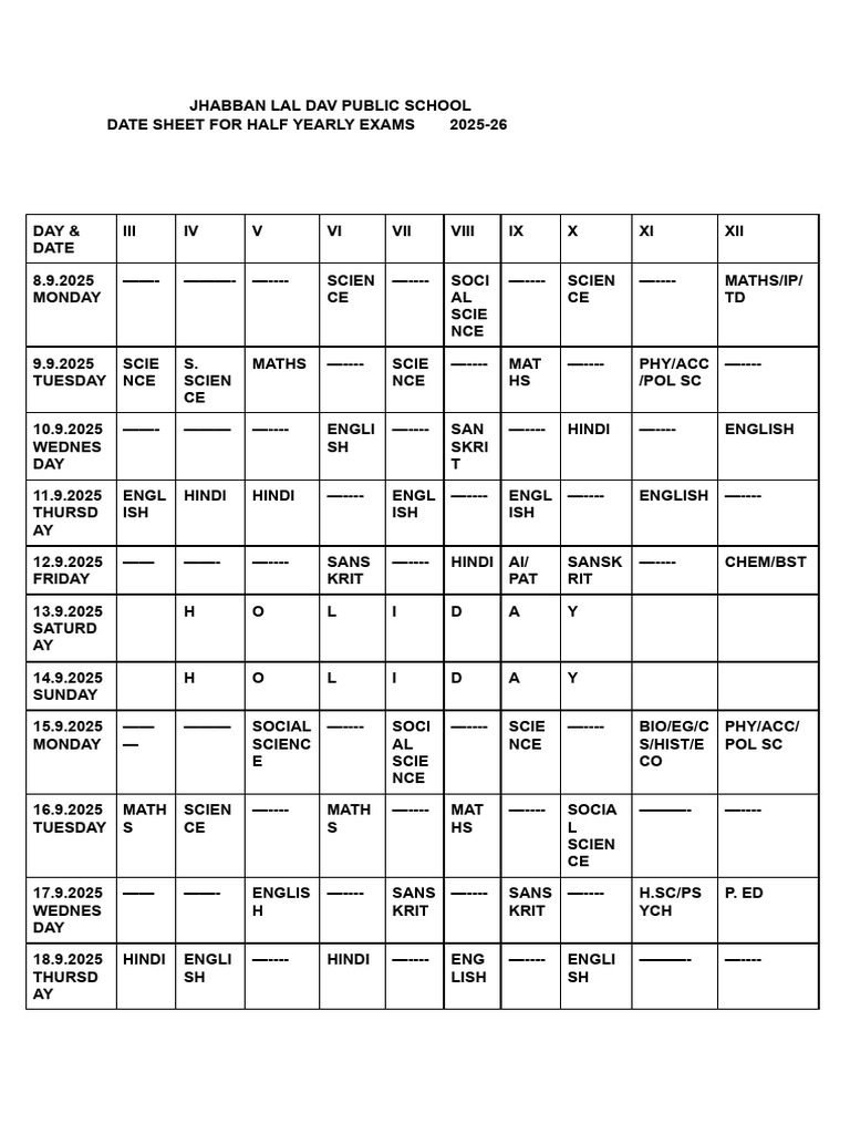 Hy Exam Date Sheet 25-26 | PDF