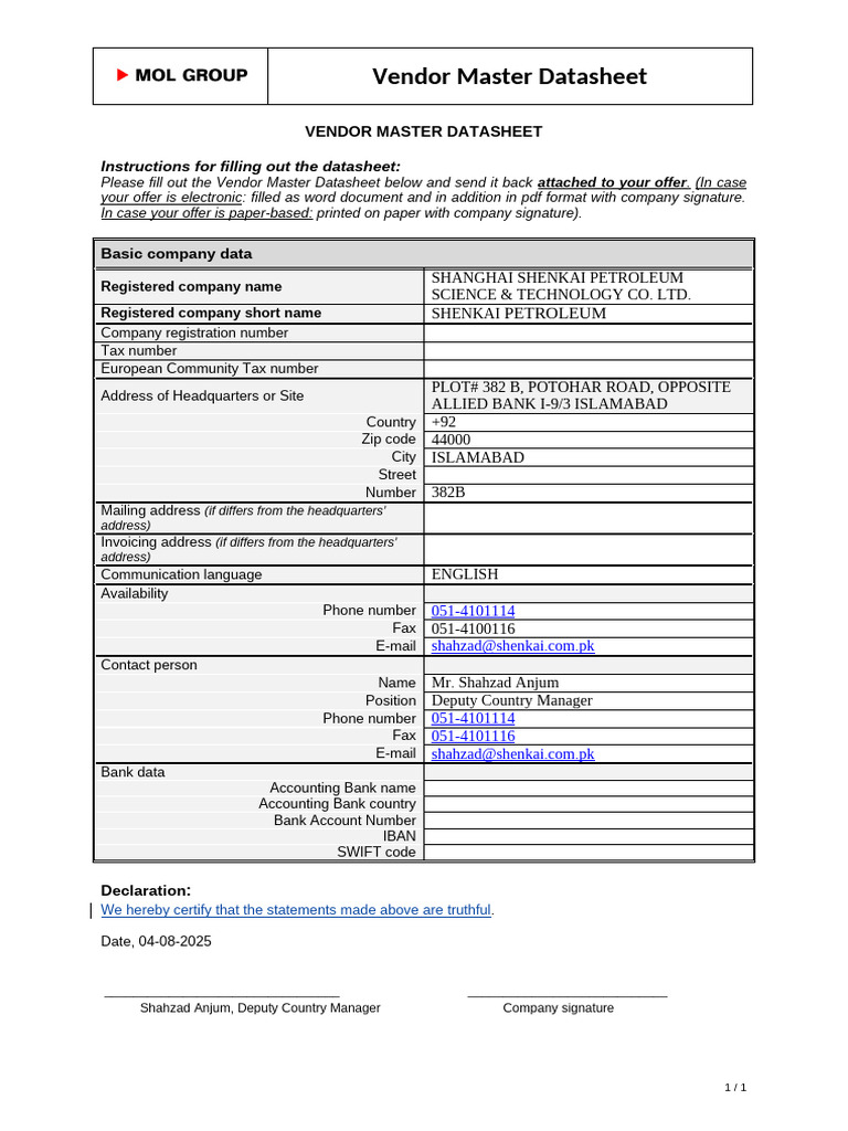 Vendor Master Datasheet for Shenkai Petroleum | PDF