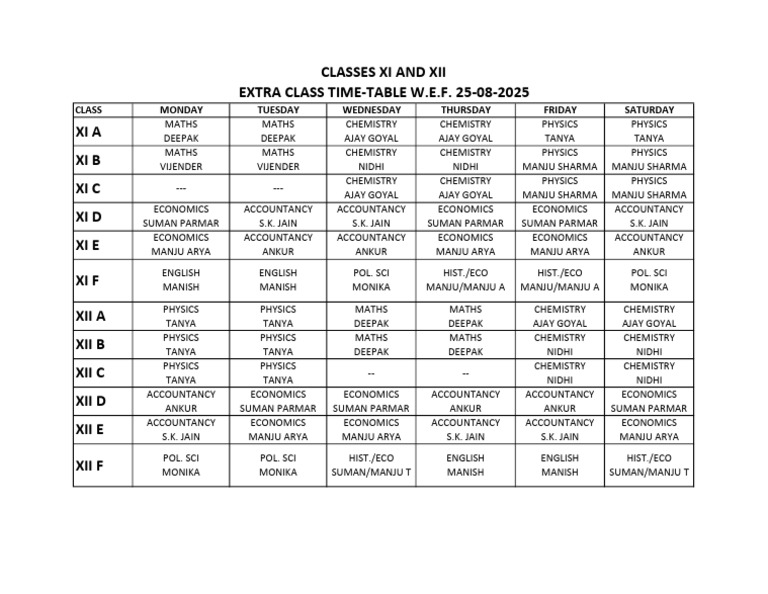 Class XI & XII Extra Timetable 2025 | PDF