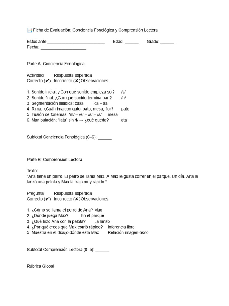? Ficha de Evaluación - Conciencia Fonológica y Comprensión Lectora | PDF