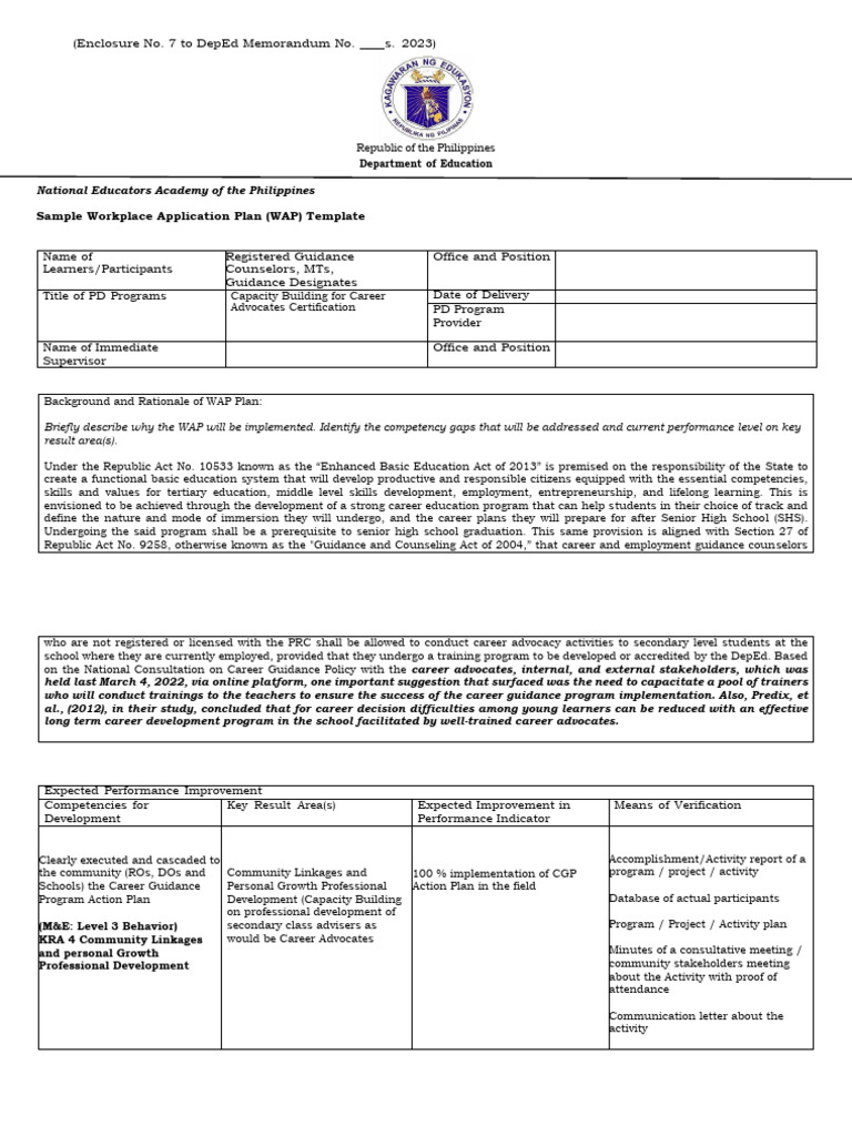 Workplace Application Plan WAP Template | PDF | Learning | Capacity Building