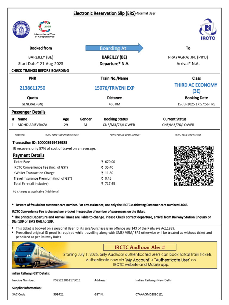 Electronic Reservation Slip for Train Booking | PDF | Identity Document ...