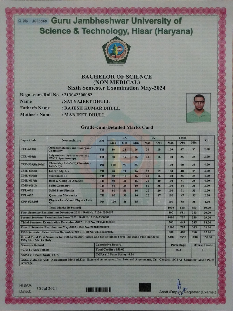 B.Sc. Sixth Semester Exam Results 2024 | PDF | Physics | Physical Sciences