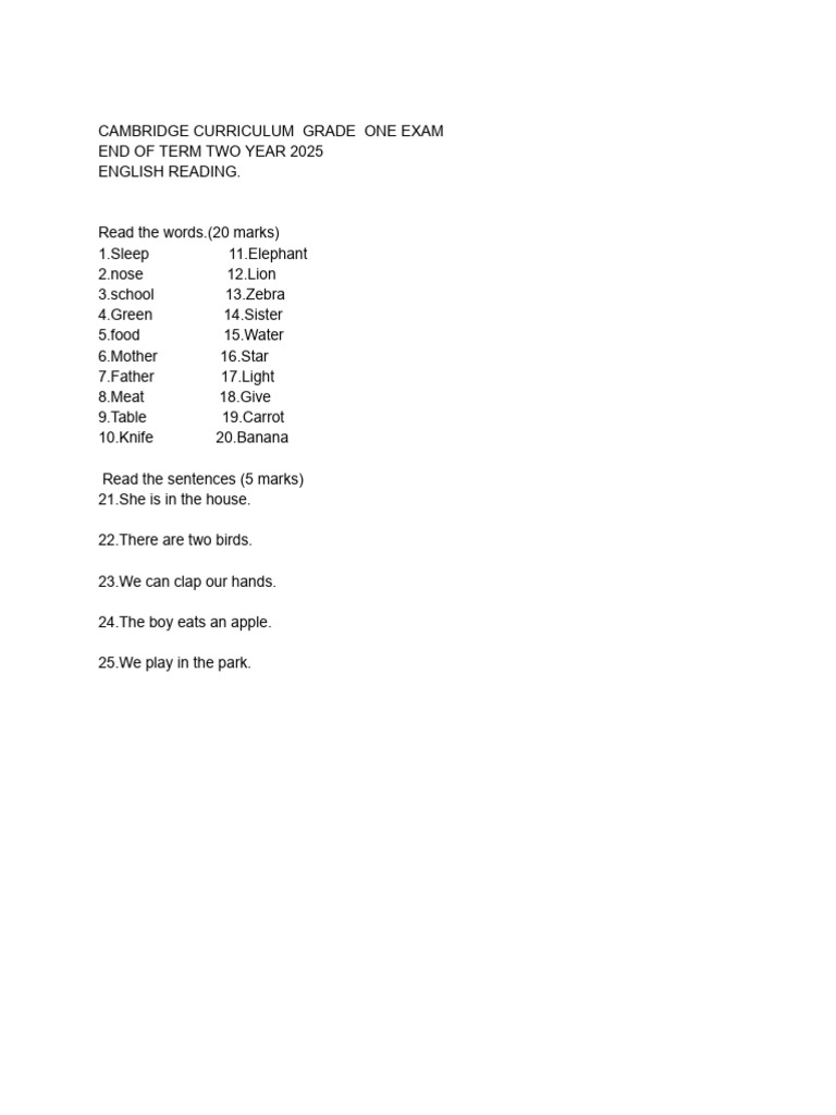 End of Term Two Exam For Grade 0ne 2025 | PDF