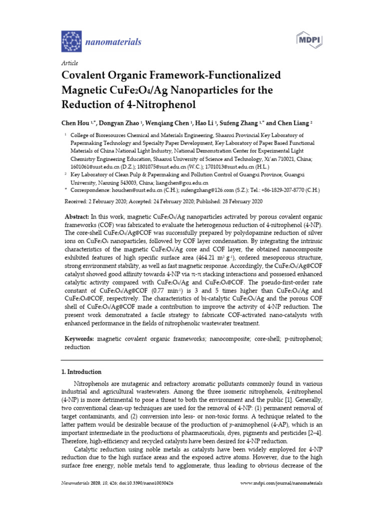 Covalent Organic Framework-Functionalized Magnetic CuFe2O4-Ag Nanoparticles For The Reduction of ...