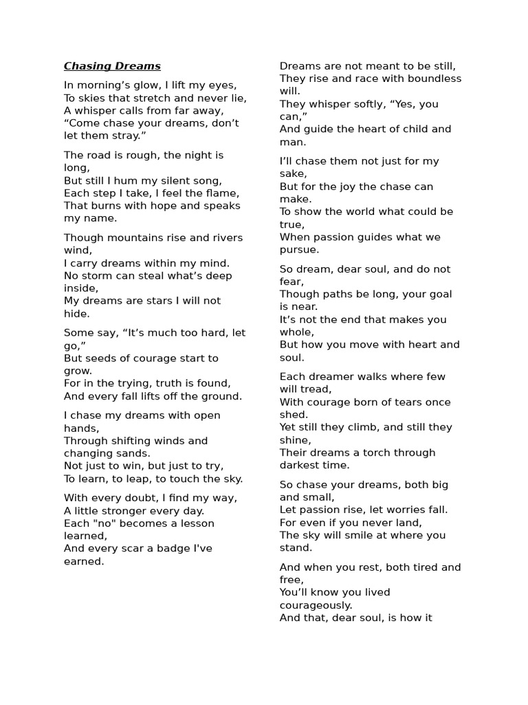 Poem Script Chasing Dreams Poem Recitation Script | PDF