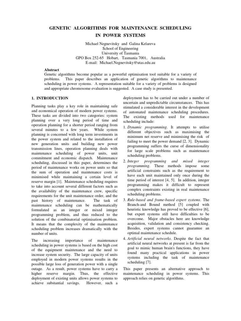 Genetic Algorithms For Maintenance Scheduling Pdf Genetic Algorithm Evolution