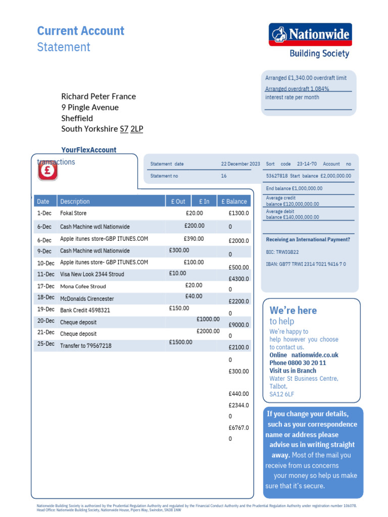 Nationwide Bank Statement DARNELL DEC PDF | PDF | Transaction Account ...
