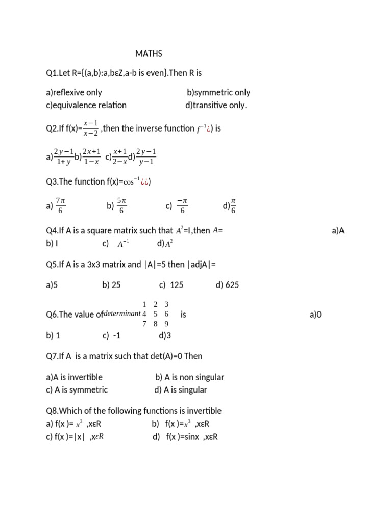 Mcqs Based On Unit 1,2,3 and 4 | PDF | Matrix (Mathematics) | Mathematical Relations