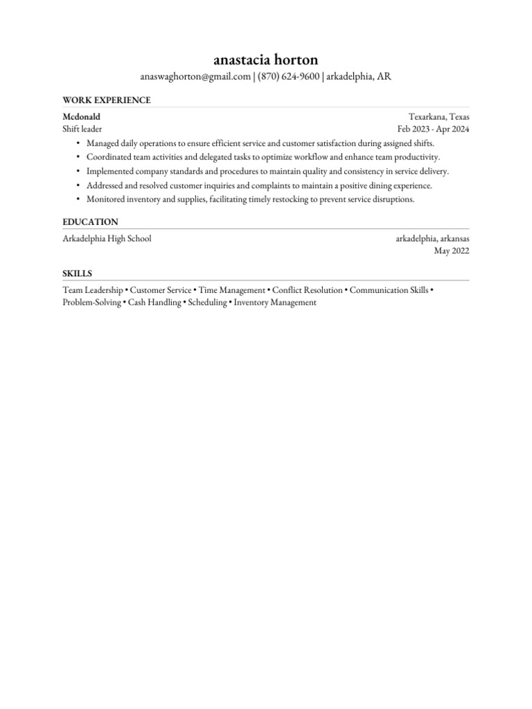 Shift Leader Resume for Restaurant Role | PDF