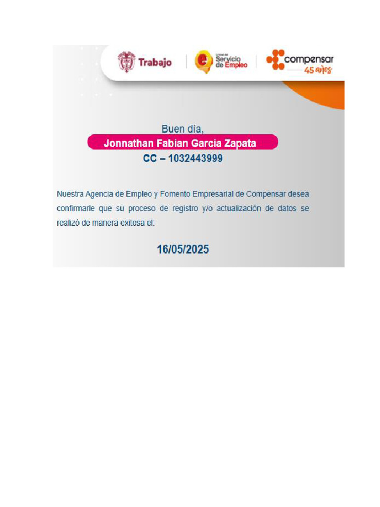 Constancia de Inscripcion Agencia de Empleo y Fomento Empresarial de Compensar | PDF