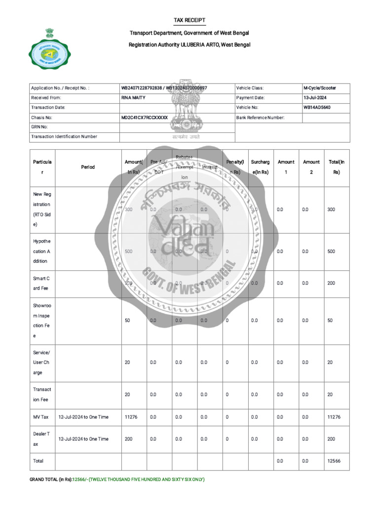 Vehicle Tax Receipt - WB14AD5640 | PDF | Payments