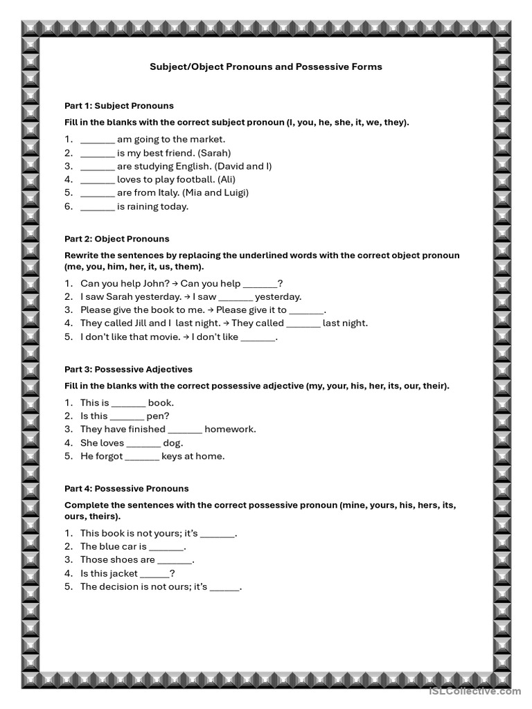 Subject - Object Pronouns and Possessive Forms | PDF