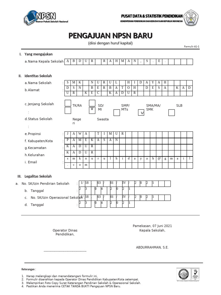 Formulir Pengajuan NPSN Baru Sekolah | PDF