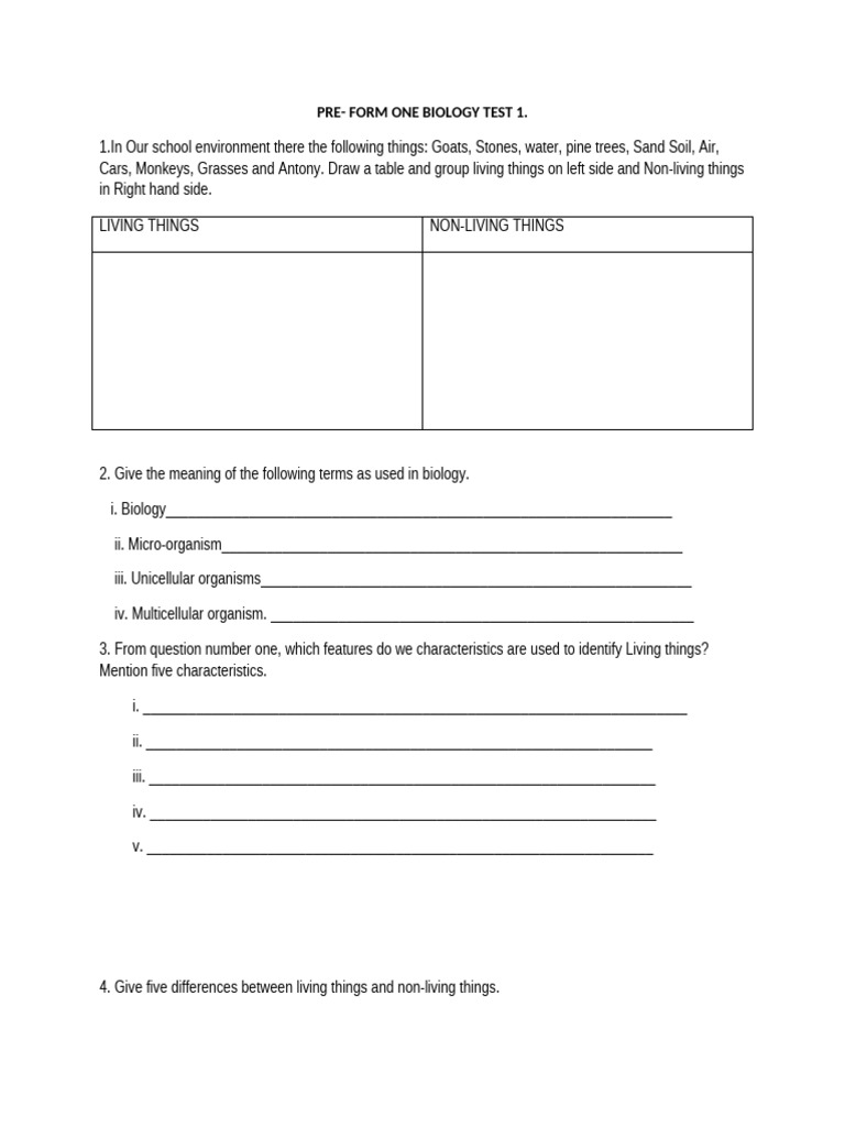 Pre-Form One Biology Test Overview | PDF