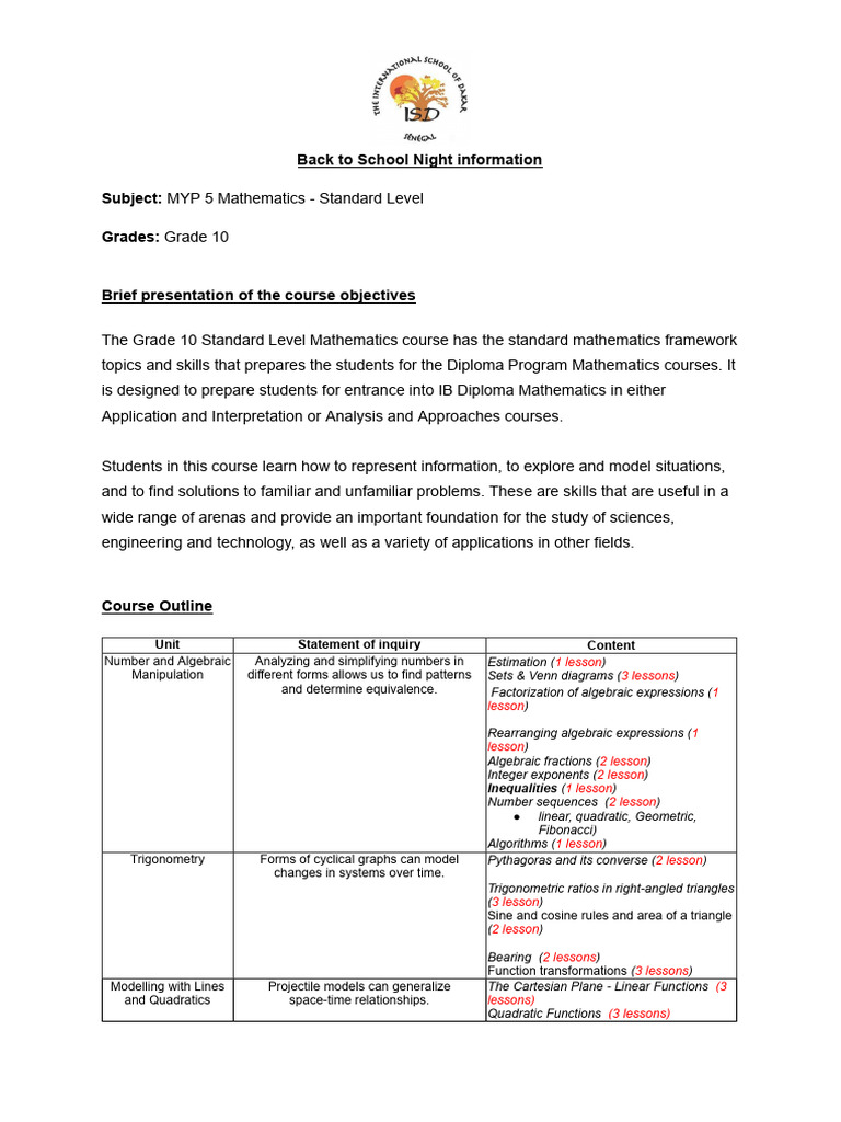 MYP 5 Math Syllabus Overview | PDF | Mathematics | Trigonometry