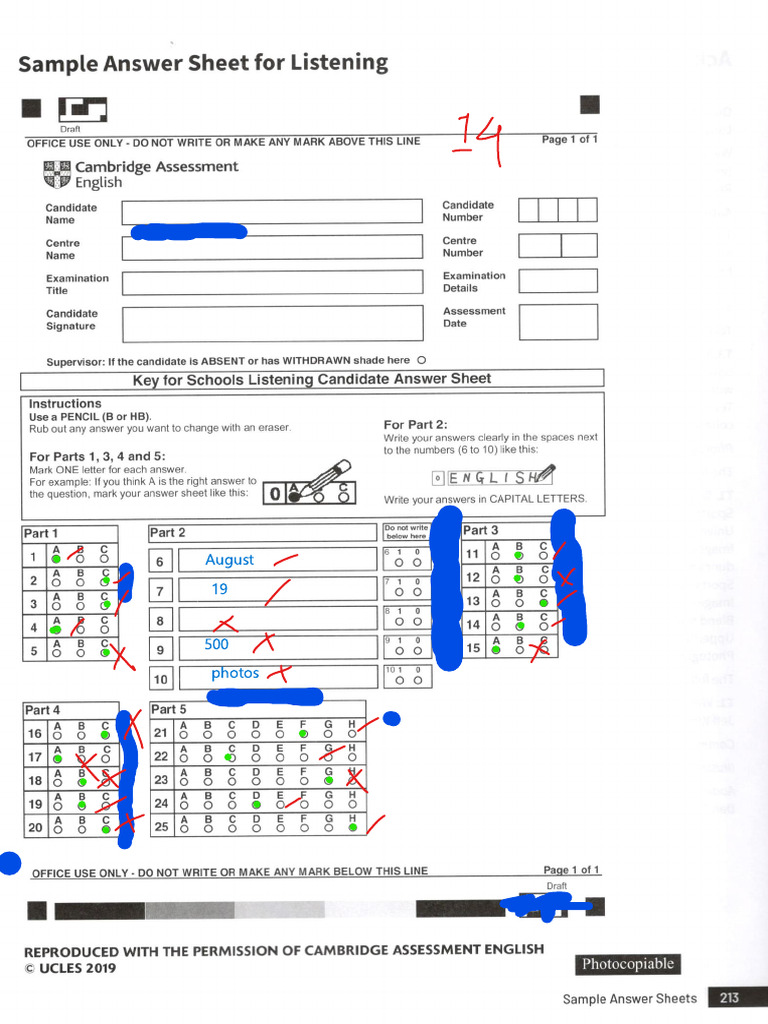 Listening Answer Sheet KET5 - Tuấn | PDF