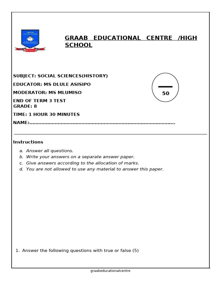 Grade 8 Term 3 History Exam Paper | PDF | International Relations | Empire