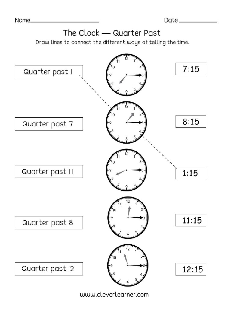First Grade Tell The Time Quarter Past Activity Sheet 7d | PDF