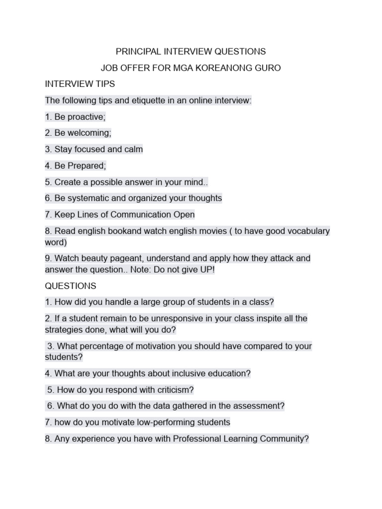 Principal Interview Questions & Tips | PDF