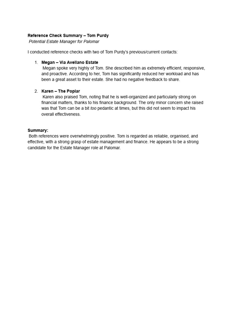 Tom Purdy - Reference Checks | PDF