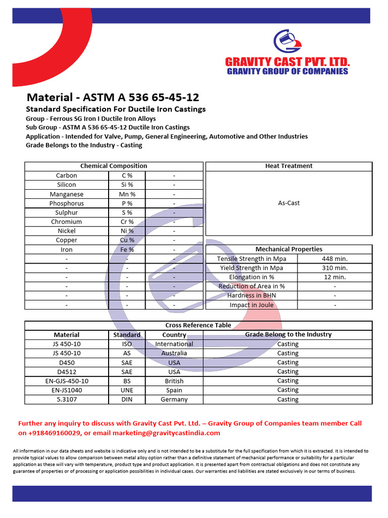 ASTM A536 65-45-12 Ductile Iron Properties | PDF | Iron | Metals
