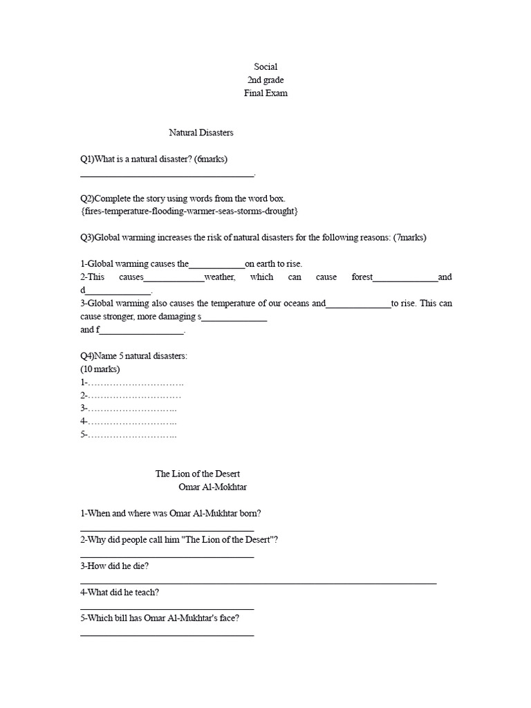 2nd Grade Social Studies Final Exam | PDF