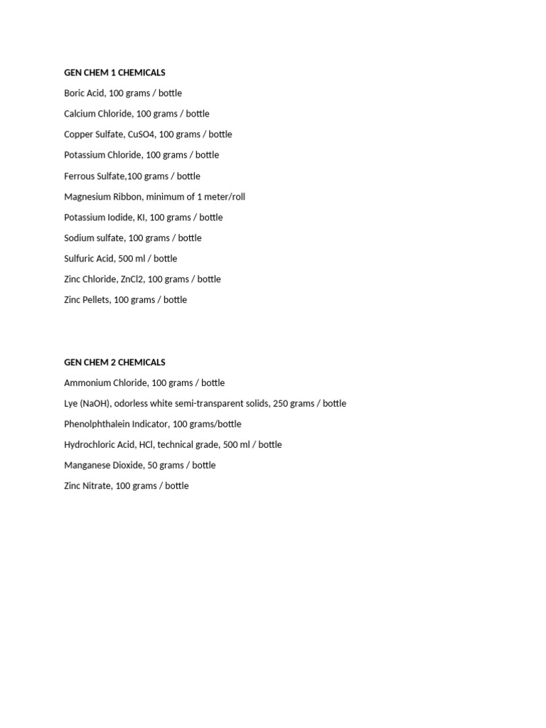 Essential Chemicals for Gen Chem 1 & 2 | PDF