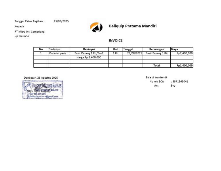 invoice 1 Rit Pasir Pasang PT Mitra Inti Cemerlang | PDF
