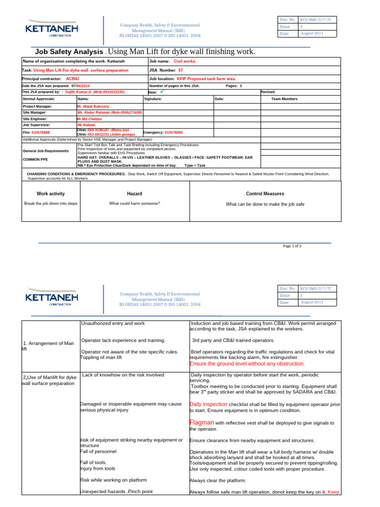 57JSA Man Lift Operation. | PDF | Occupational Safety And Health | Safety