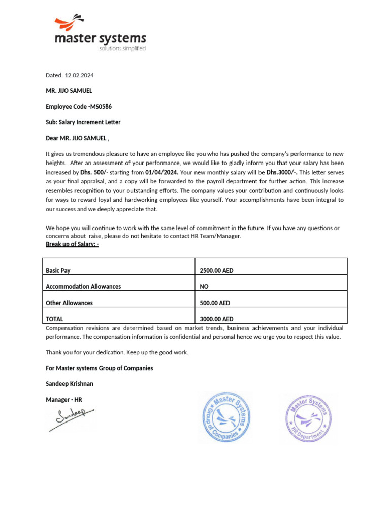Salary Increment Notification for Jijo Samuel | PDF