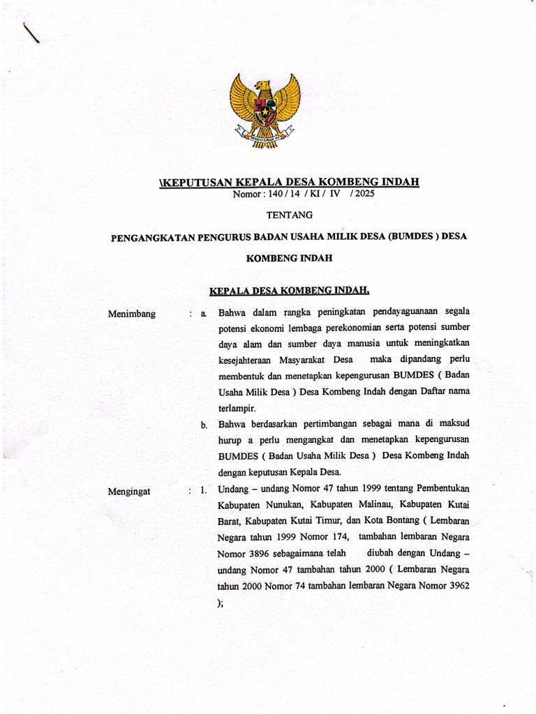 SK BUMDES Kombeng Indah | PDF