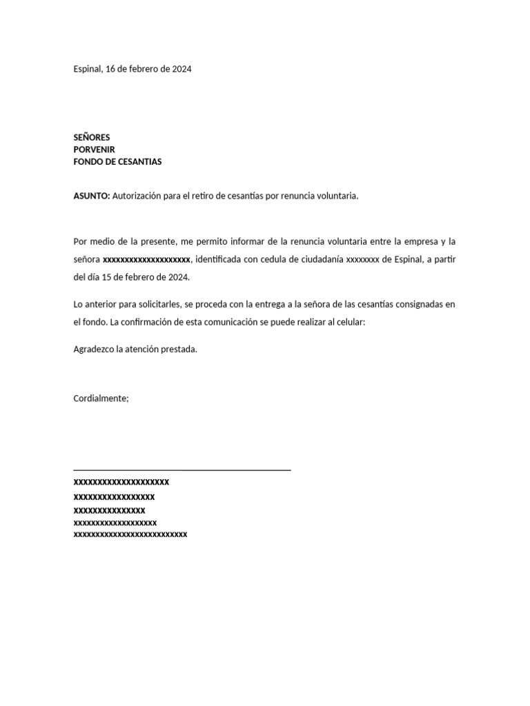 Carta Retiro de Cesantias | PDF