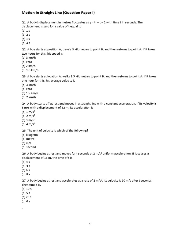 Motion in Straight Line (QP I) | PDF | Acceleration | Velocity