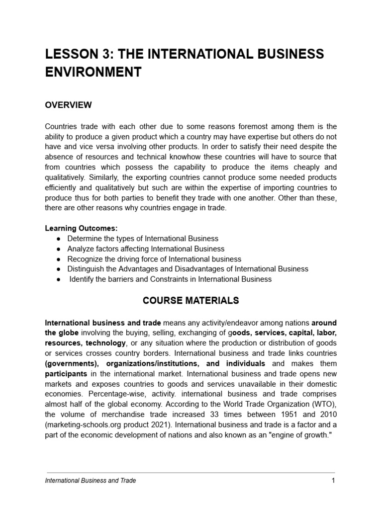 Lesson 3 The International Business Environment | PDF | Trade Barrier ...
