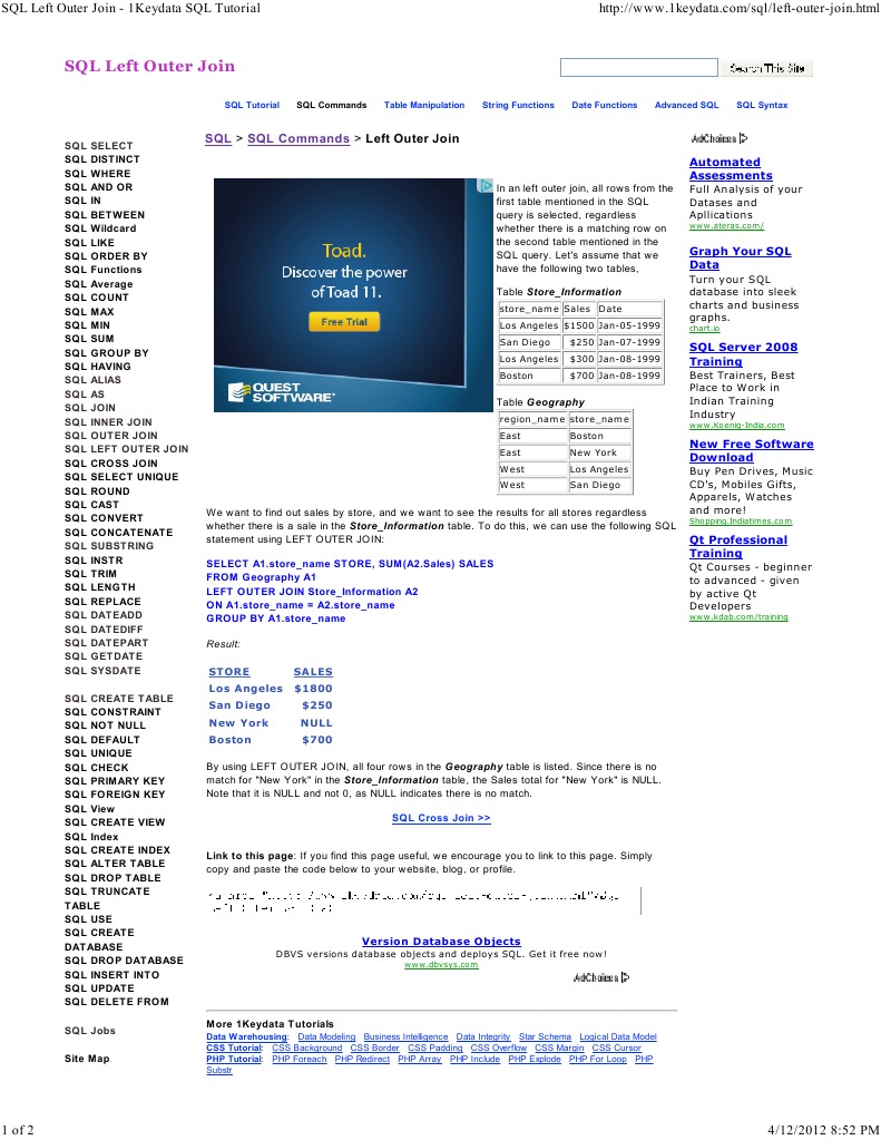 SQL Left Outer Join - 1keyd.. | PDF | Sql | Database Index