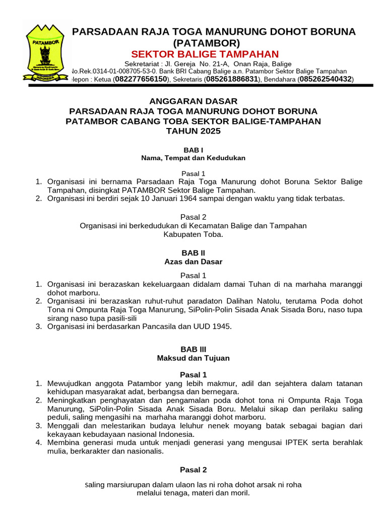 Anggaran Dasar PATAMBOR 2025 | PDF