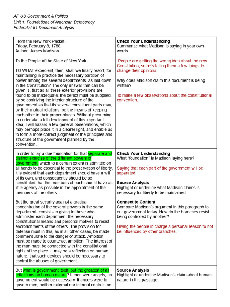 Federalist 51 Document Analysis | PDF | United States Congress ...