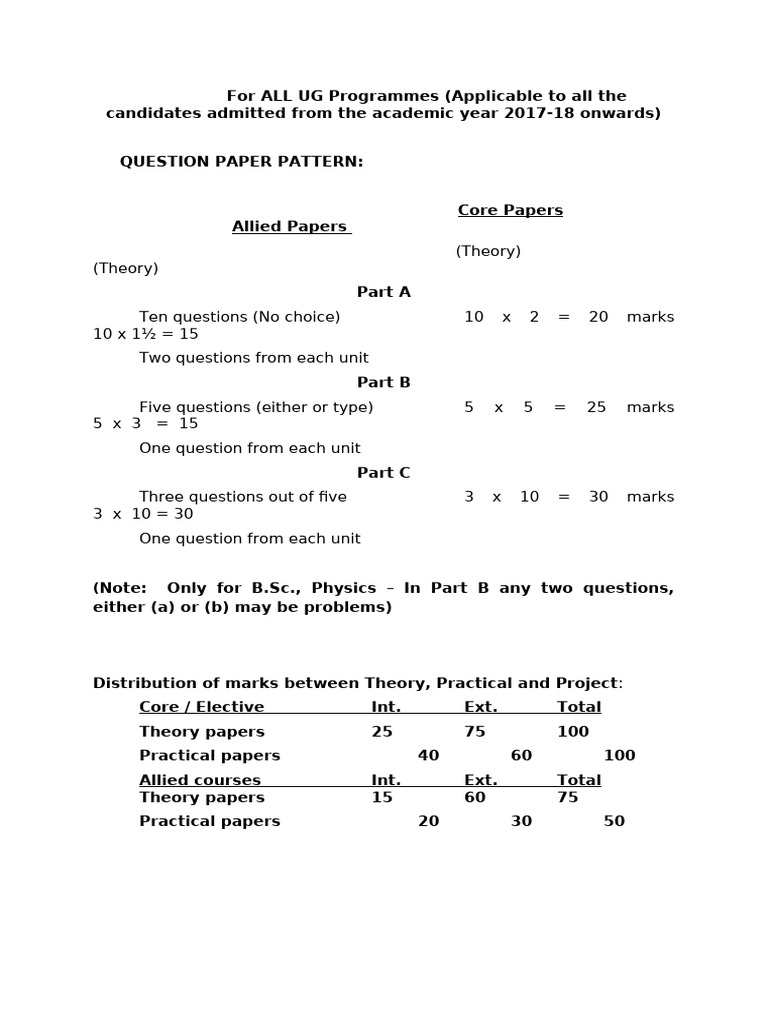 First Year UG Question Paper Pattern | PDF