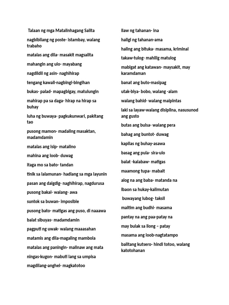 Talaan NG Mga Matalinhagang Salita | PDF