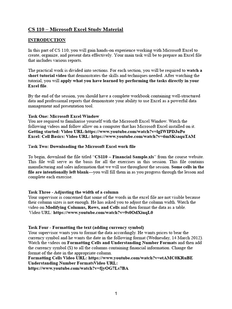 CS 110 Microsoft Excel Self-Study | PDF | Microsoft Excel | Computing