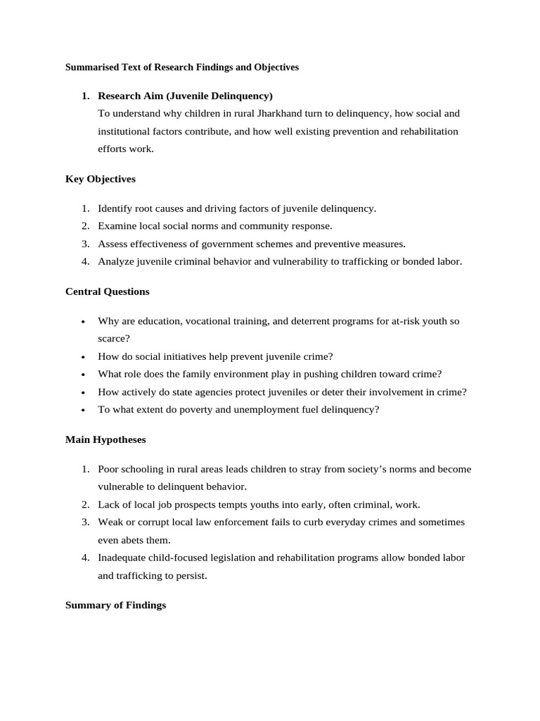 Summarised Text of Research Findings and Objectives | PDF | Juvenile ...