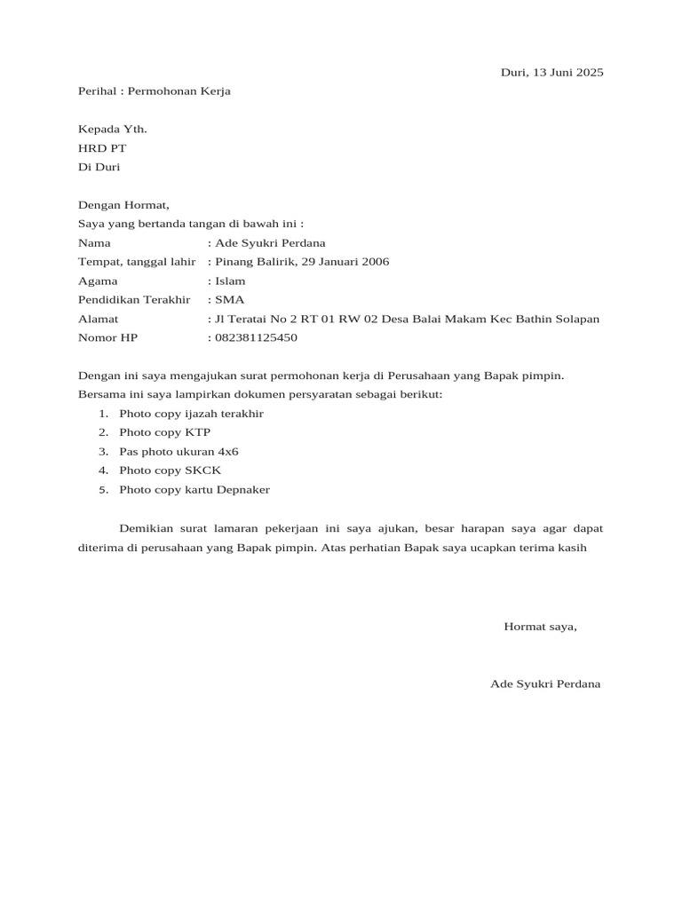 Surat Permohonan Kerja Ade Syukri | PDF