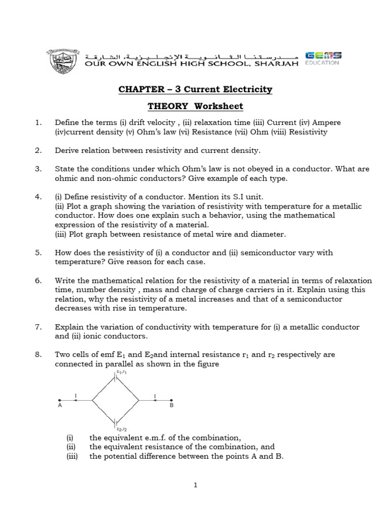 Chap 3 Current Electricity Theory Worksheet Pdf Electrical