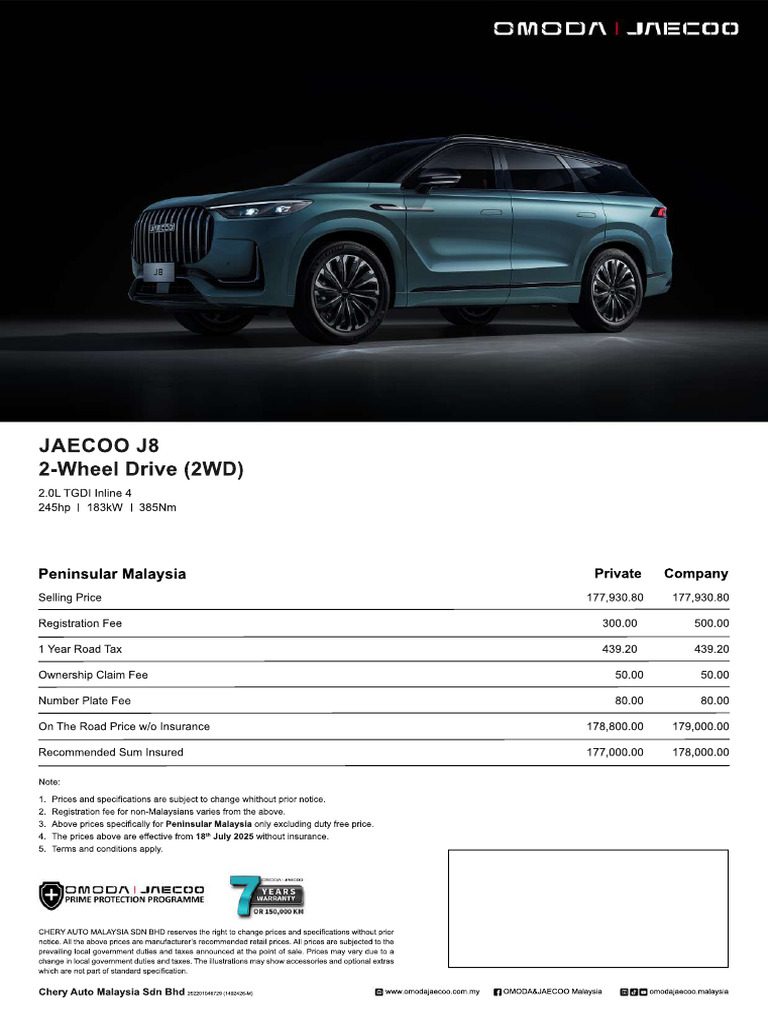 JAECOO J8 Price List (Peninsular Malaysia) | PDF