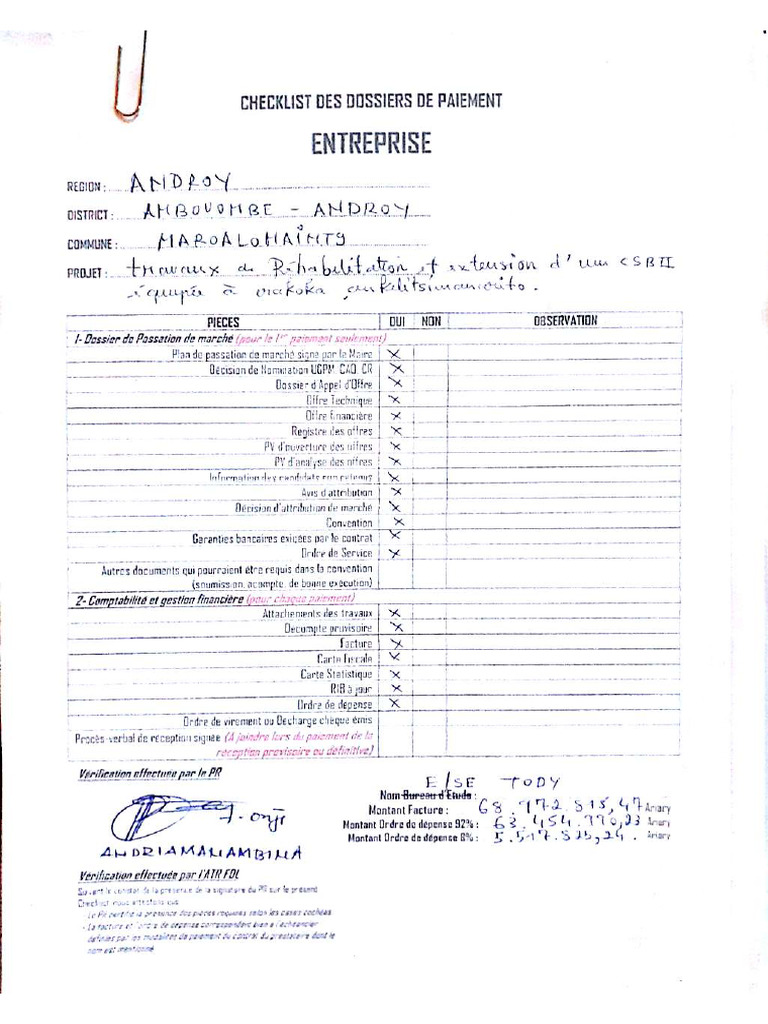 Checklist de Paiement Entreprise Tody CSB Maroalomainty | PDF