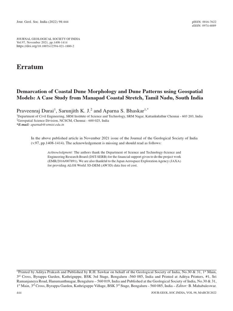 Erratum: Coastal Dune Morphology Study | PDF
