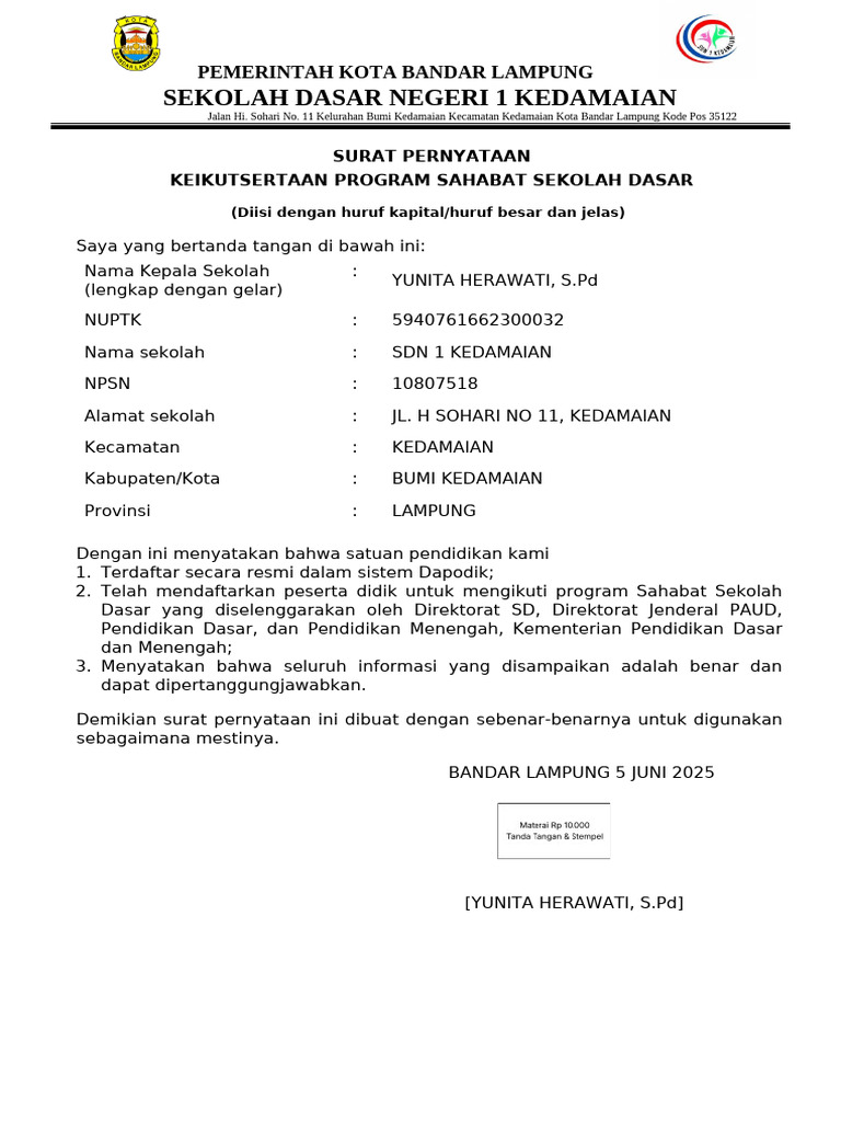 Surat Pernyataan Program Sahabat Sekolah | PDF