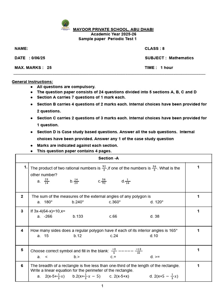 Grade 8 Sample Paper-2025-26 | PDF | Rectangle | Geometric Shapes