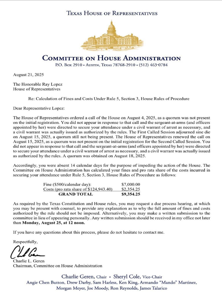 Letter From Committee On House Administration Notifying House Democrats ...